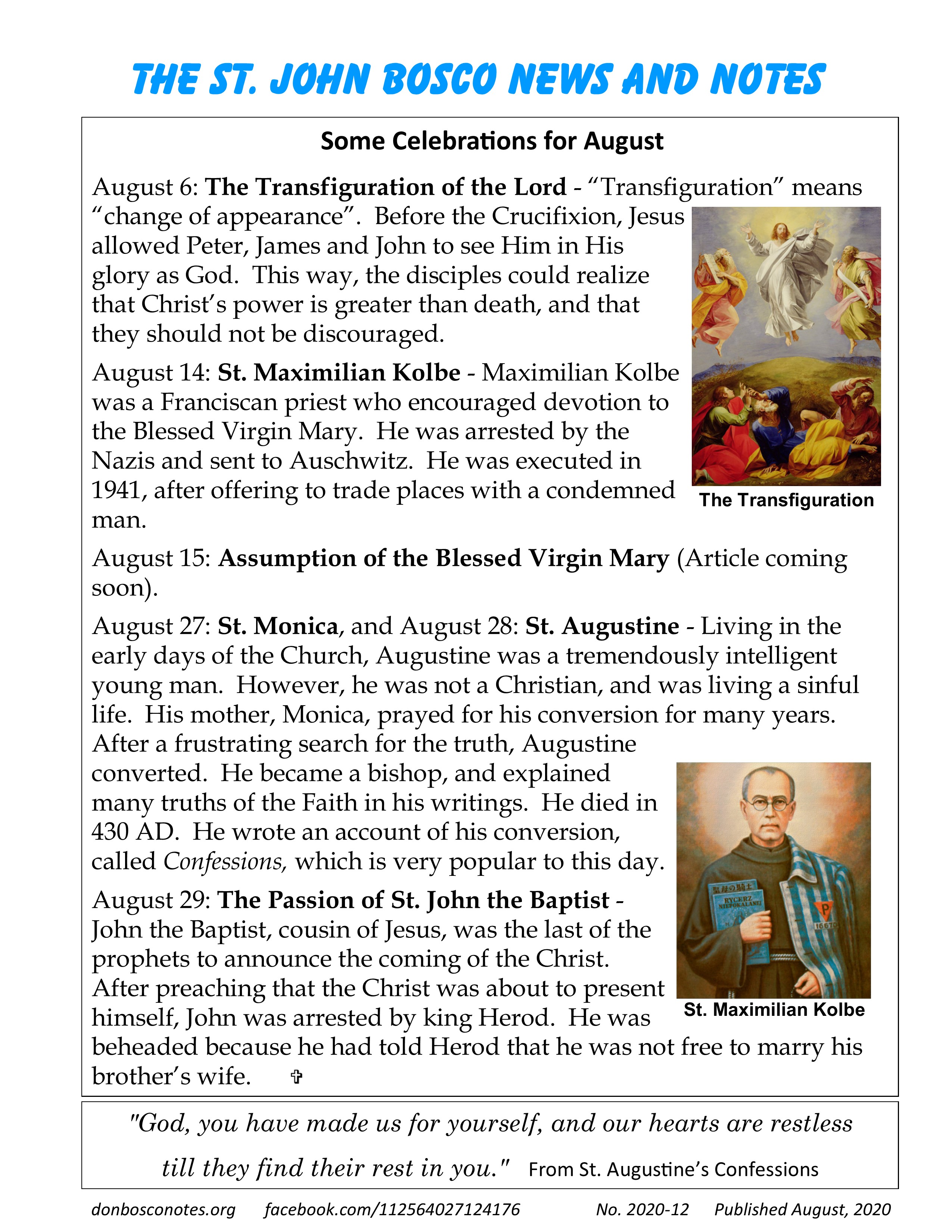 Celebrations For August – St. John Bosco News and Notes
